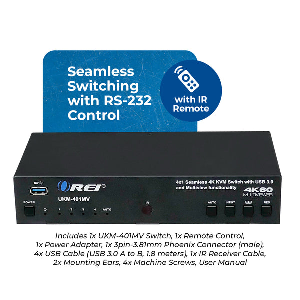 OREI 4K 4x1 KVM Switch with USB 3.0 and Multiview Functionality (UKM-4