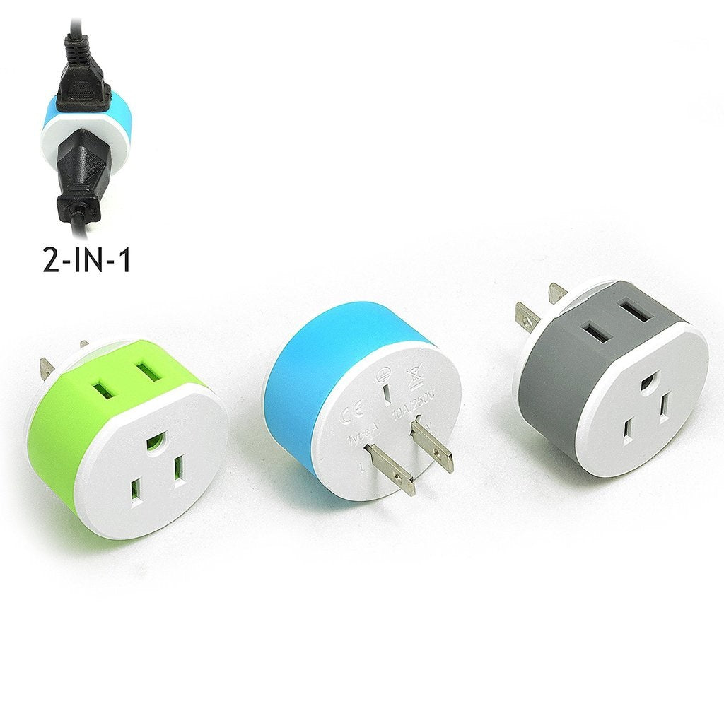Orei Japan, Philippines Travel Plug Adapter - 2 USA Inputs - 3 Pack