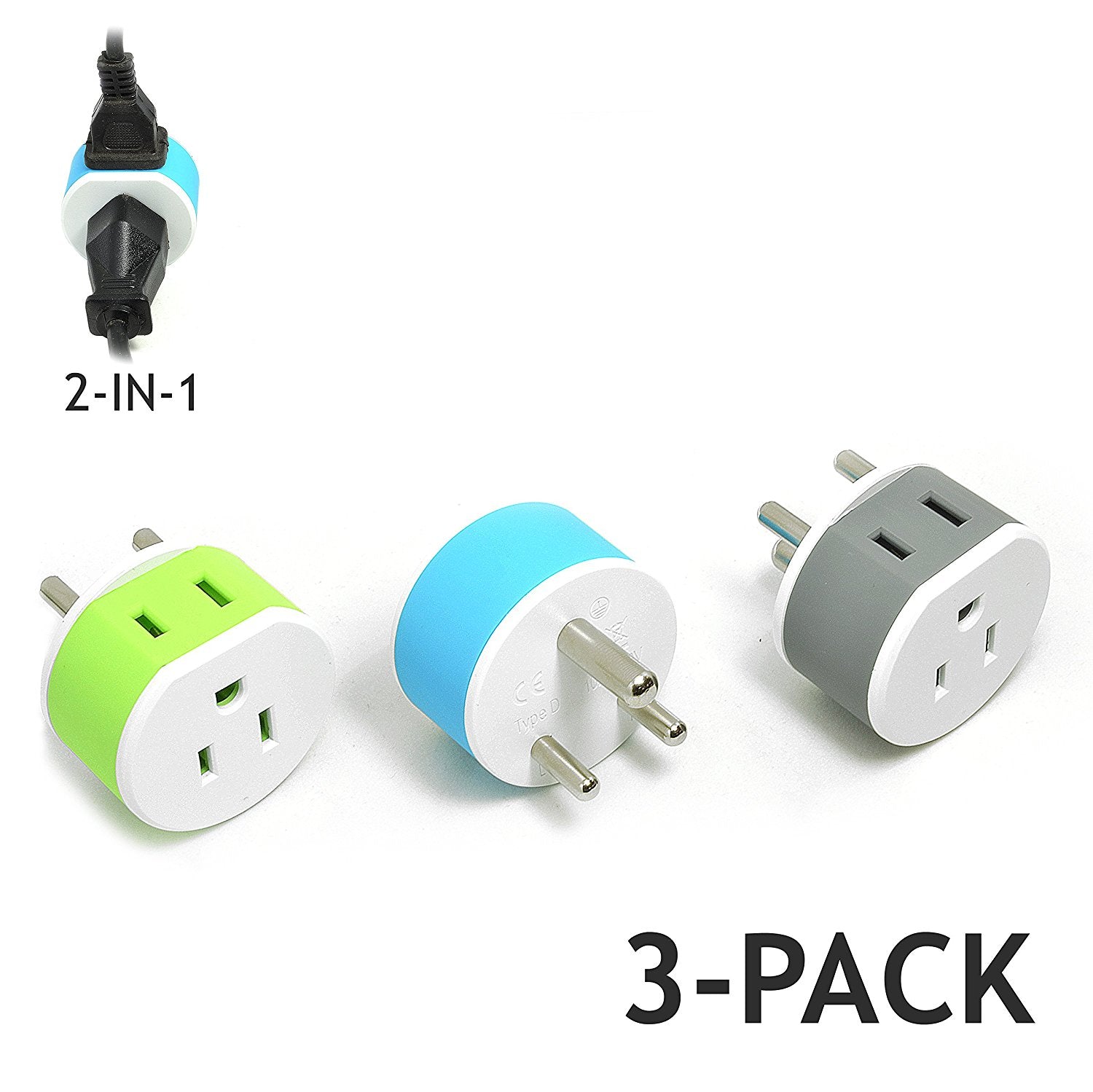 OREI India, Nepal, Maldives Travel Plug Adapter - 2 USA Inputs - 3 Pac